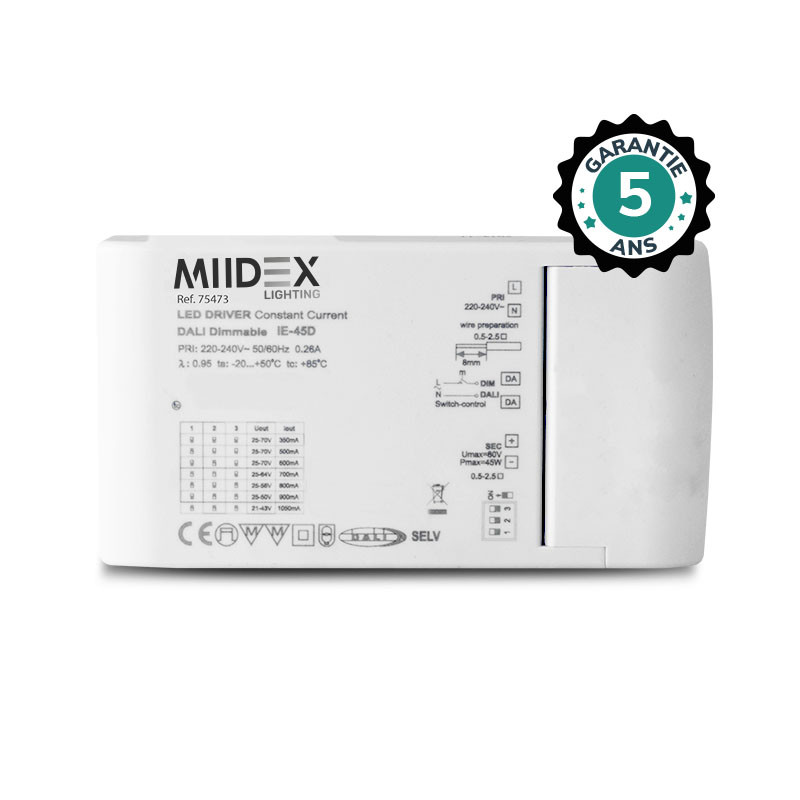 Voeding voor LED 21-70VDC DALI2 PUSH 45W 350-1050mA | Project Zero